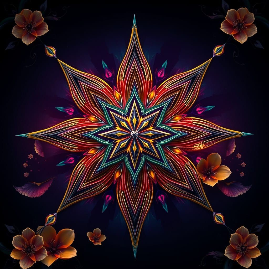 Fantastical Eight-Pointed Star in Intricate Floral... - AI Art