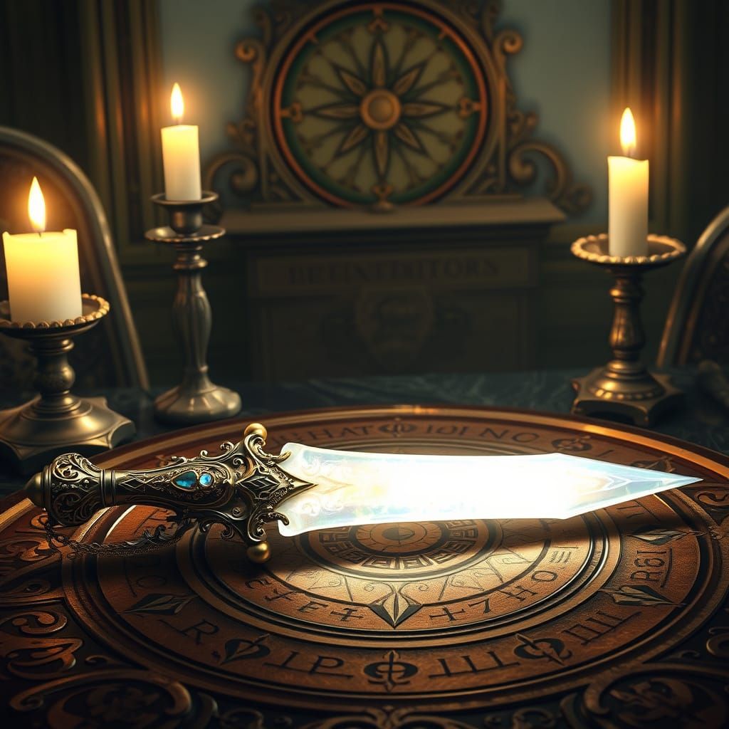 Opulent Art Nouveau Dagger on Ornate Wooden Table - AI Art