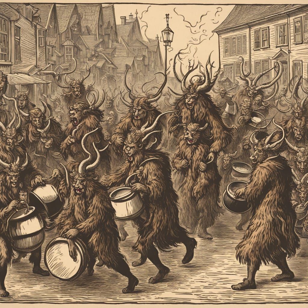 Krampus Festival Woodcut in Traditional Art Style - AI Art