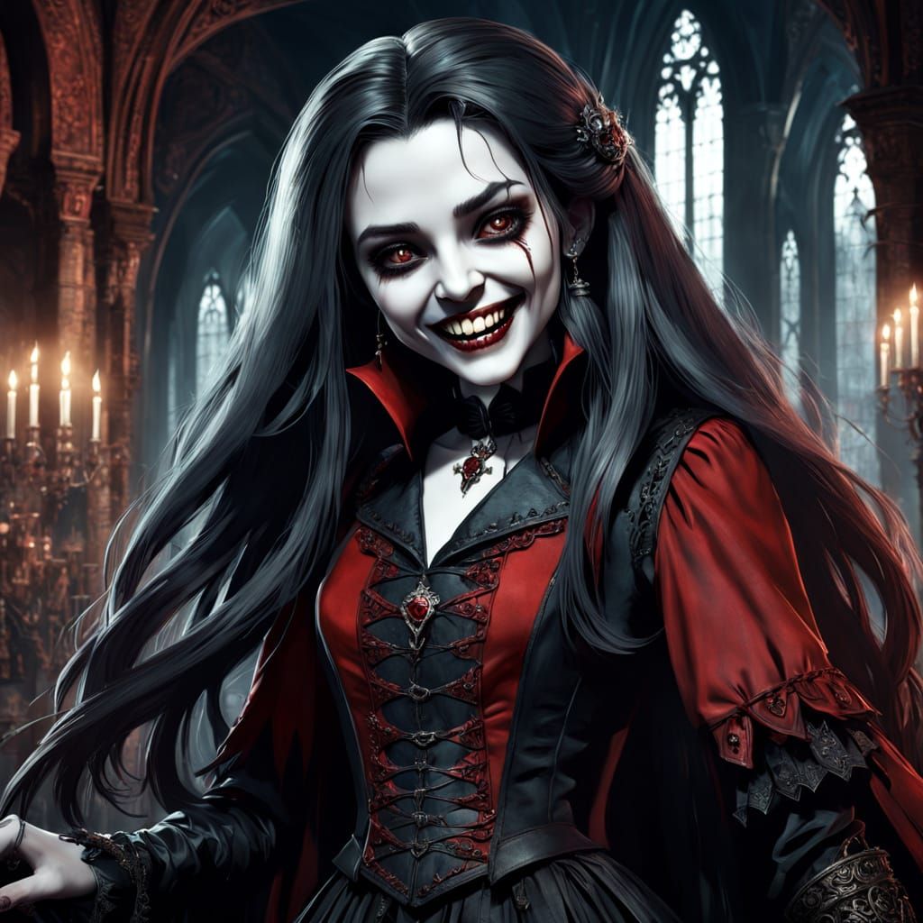 Gothic Vampire Woman with Carmine Dress - AI Art