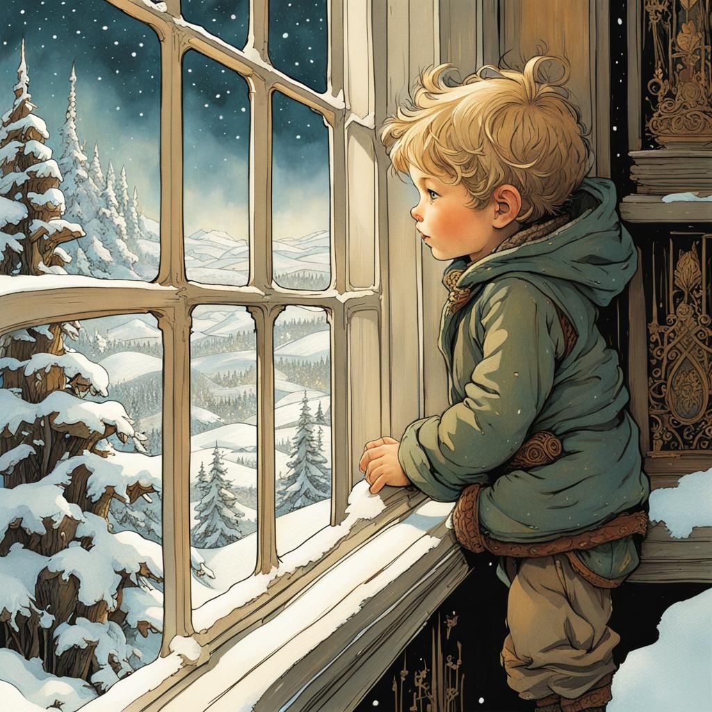 cute toddler boy looks out the window into the snowy landscape, by ...