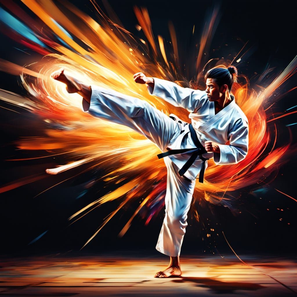 Kinetic Digital Art of Karate Kick in Motion - AI Art