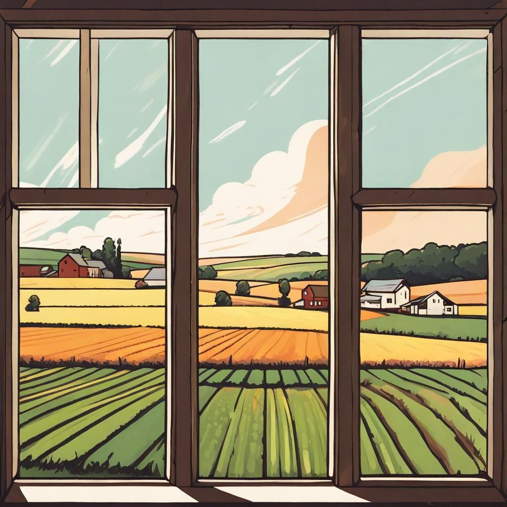 inside of a house, looking out the window onto rolling farm fields ...