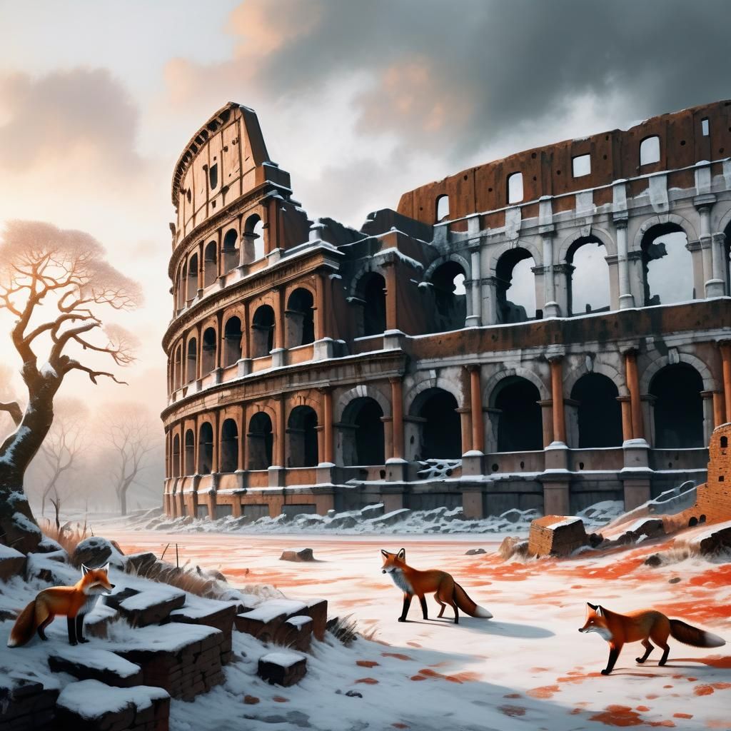 Roman Colosseum - Dramatic Snow-Covered Roman Colosseum Ruin...