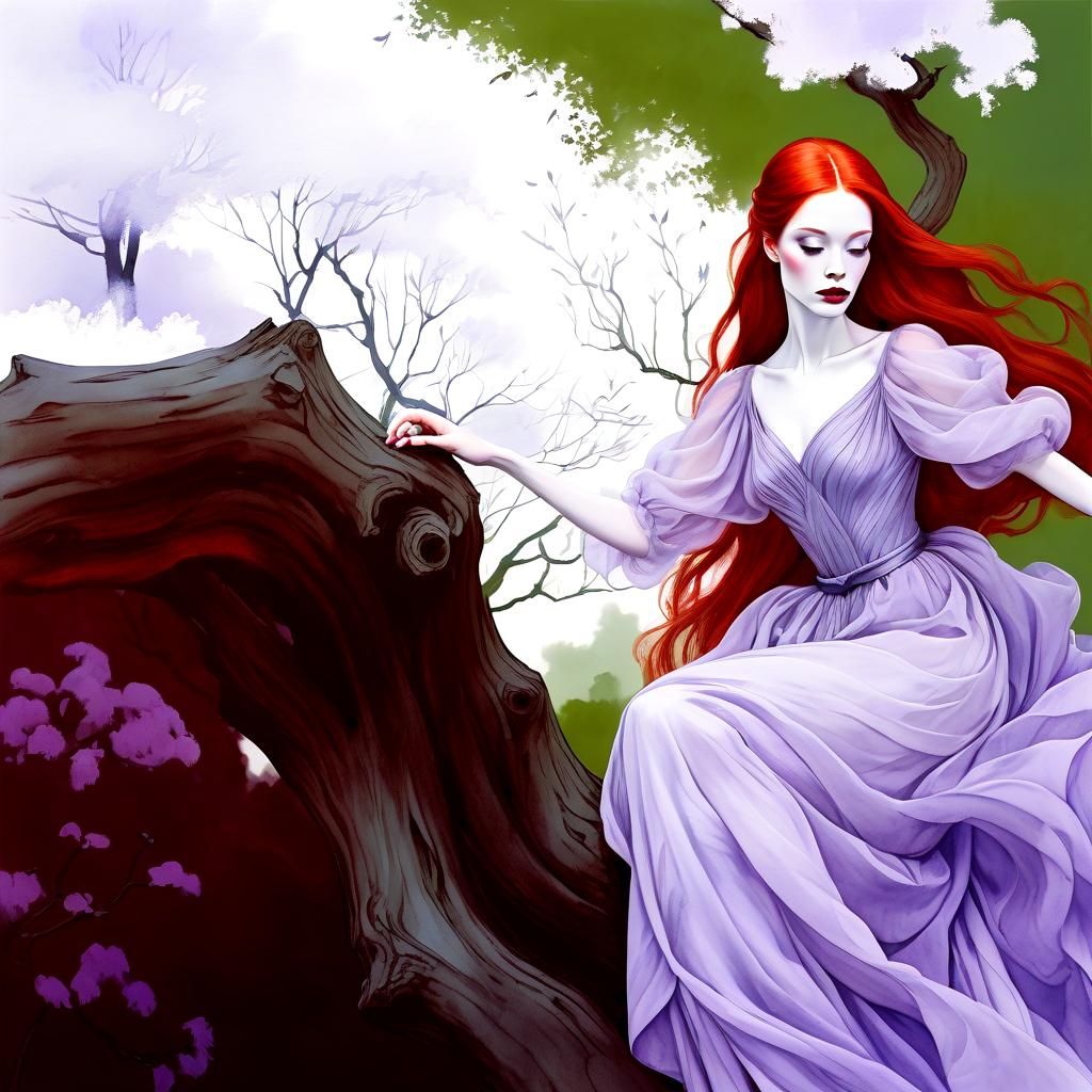 Beautiful girl with very long red hair, ivory skin, lilac gown, on ...