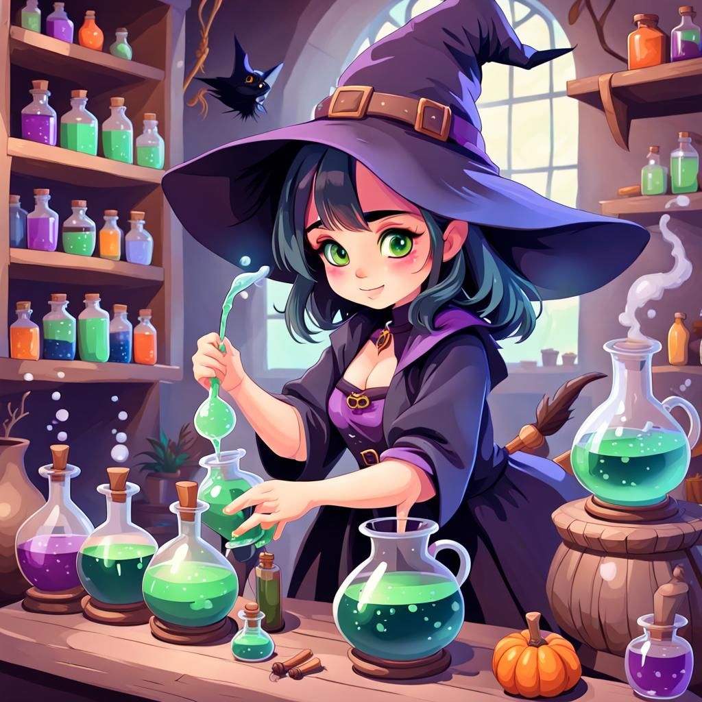 Cute witch making potions - AI Generated Artwork - NightCafe Creator
