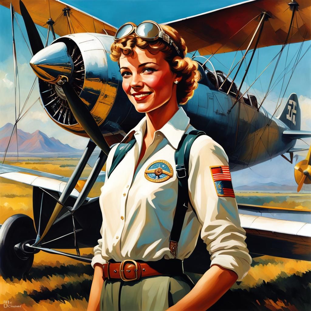Young Amelia Earhart smiling as she stands near her plane - AI ...