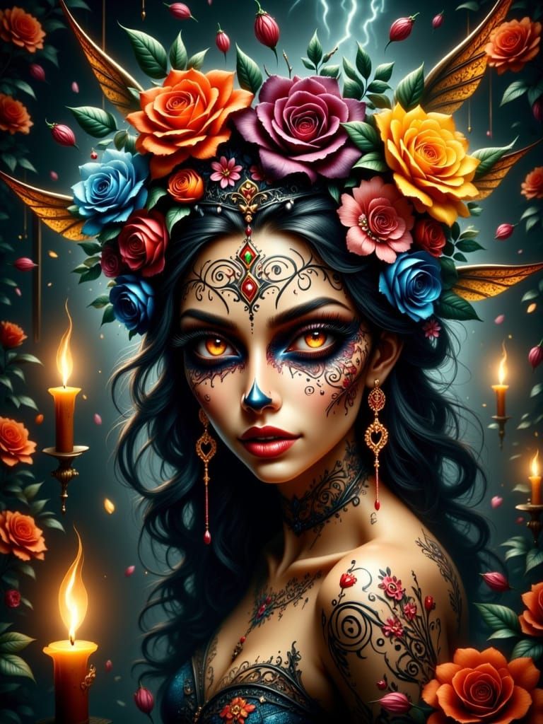 Day of the Dead painted face female Winged fairy. Day of the Dead inspired background setting.