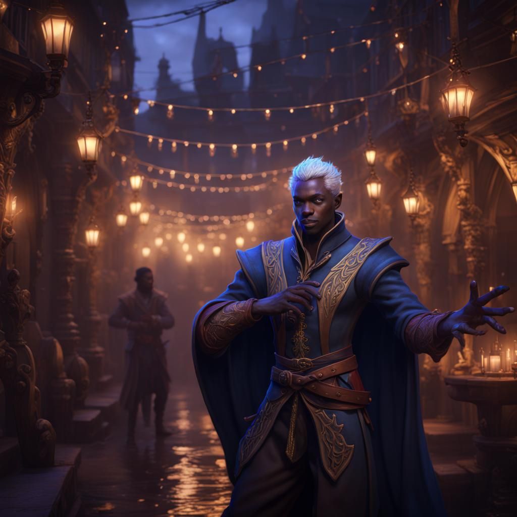 Half drow bard Waterdeep south ward night dancing lights male - AI ...