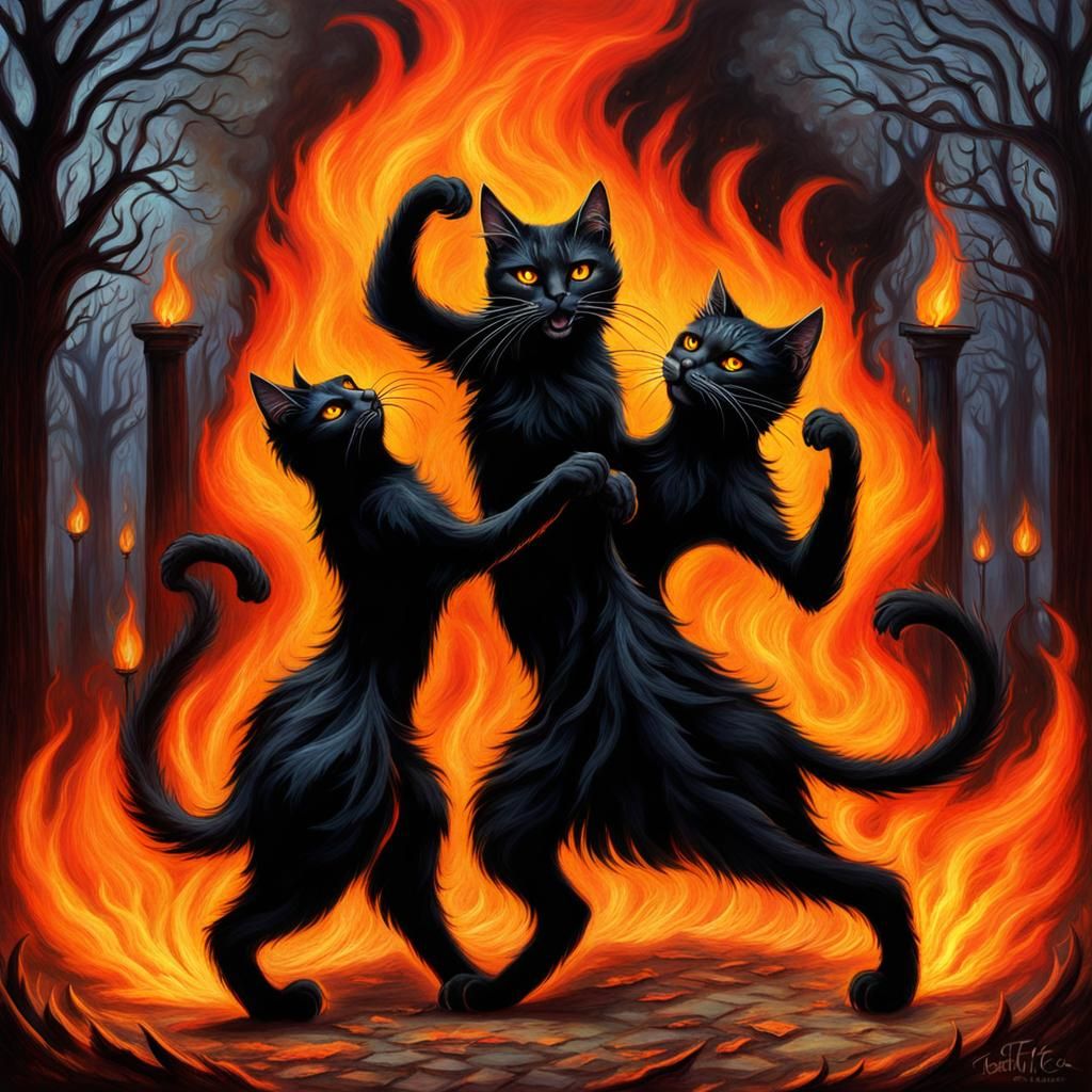 fiery fire cats dancing around fiery fire gothic art - AI Generated ...