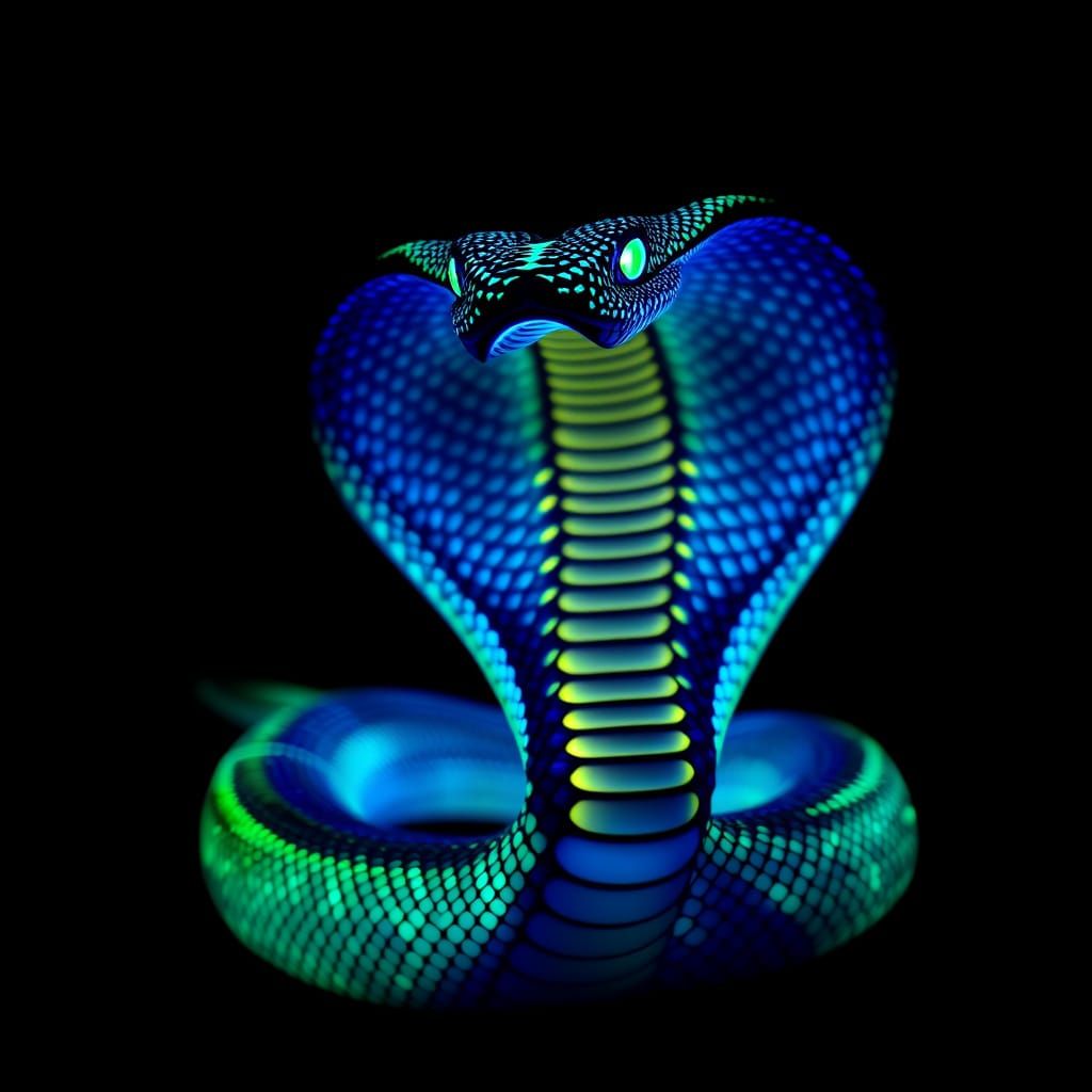 Electric Blue Cobra in Neon Blacklight, Biolumines... - AI Art