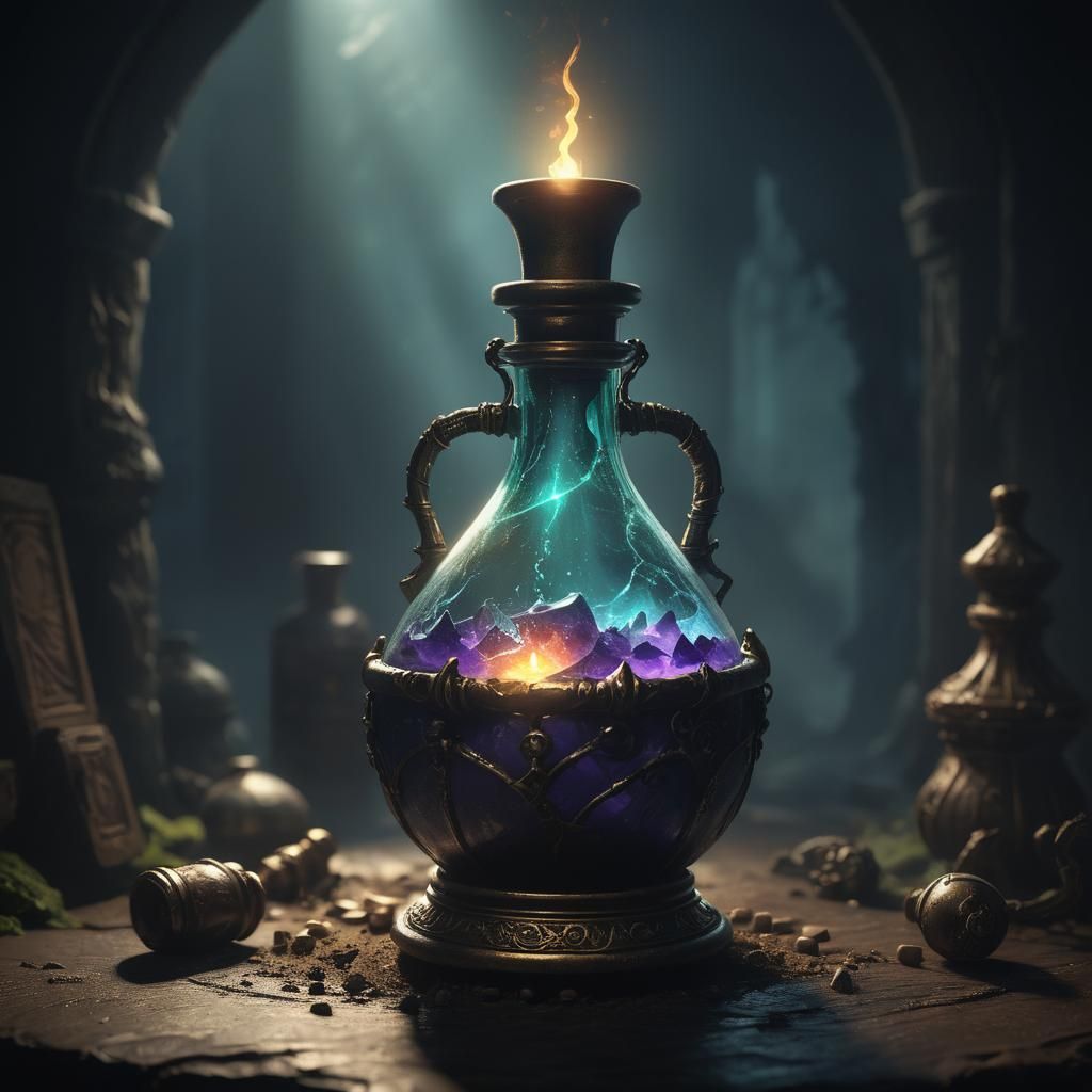 A potion bottle crafted from an ethereal artifact in a dark fantasy ...