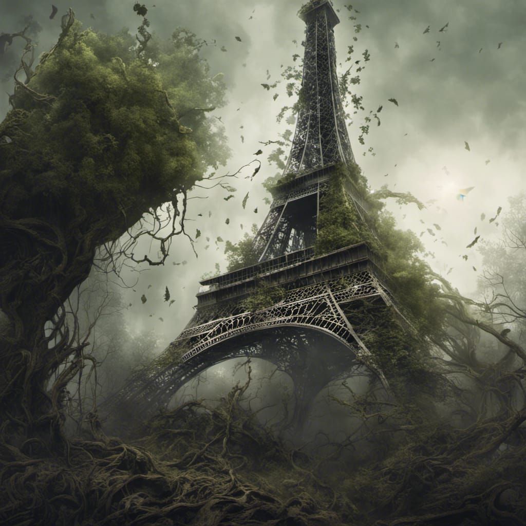 post apocalyptic Eiffel tower broken and falling down, covered in leafy ...