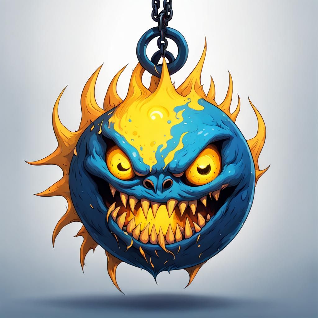 Ghastly blue and yellow ball of fire with sharp teeth and rectangular ...