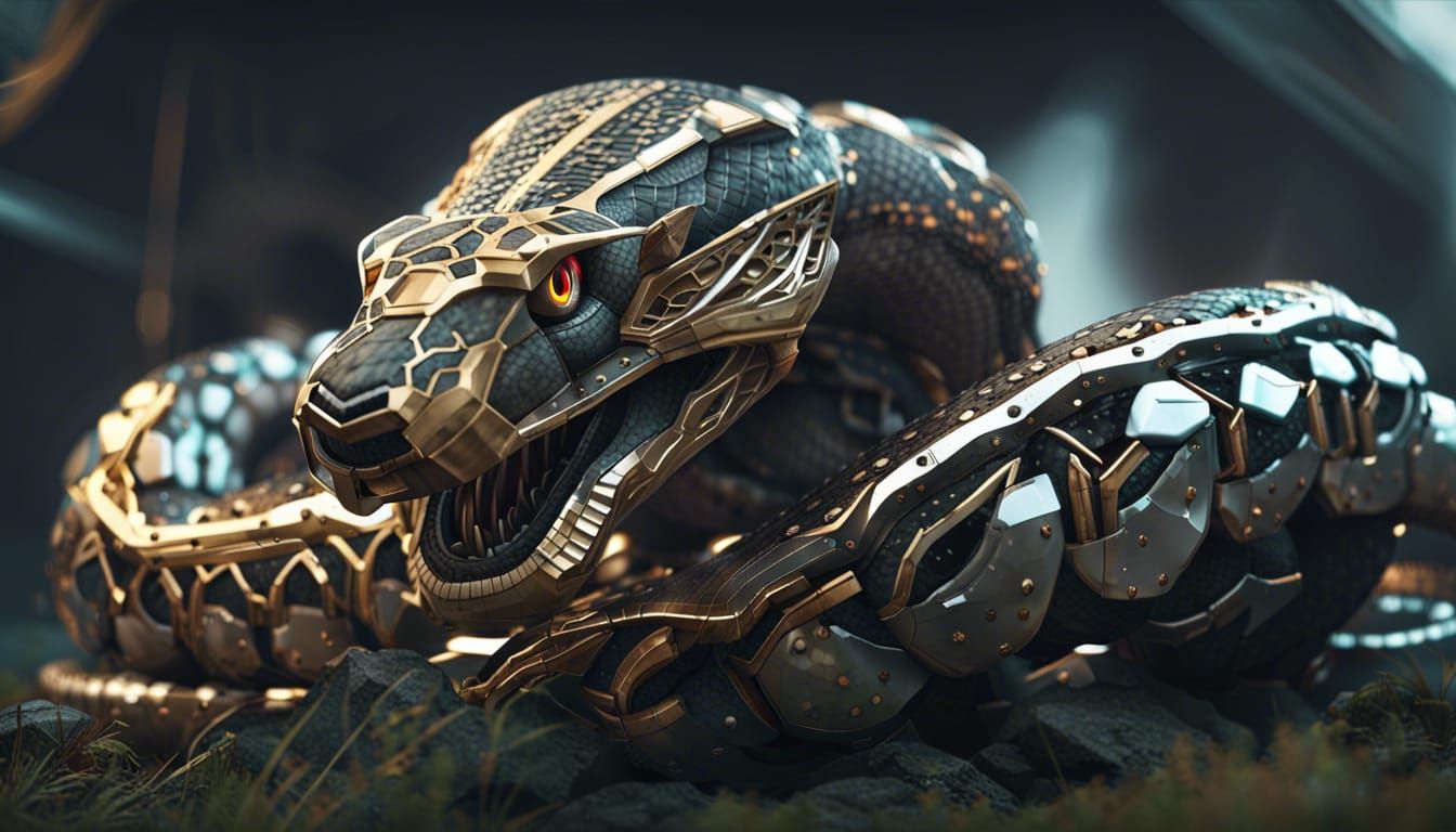 A colossal snake, a snake-like mech creature with gleaming scales and ...