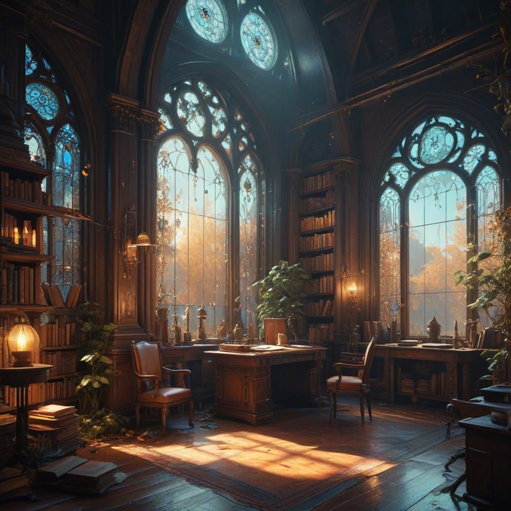 large and ancient wooden library with fairies and elves on the shelves ...