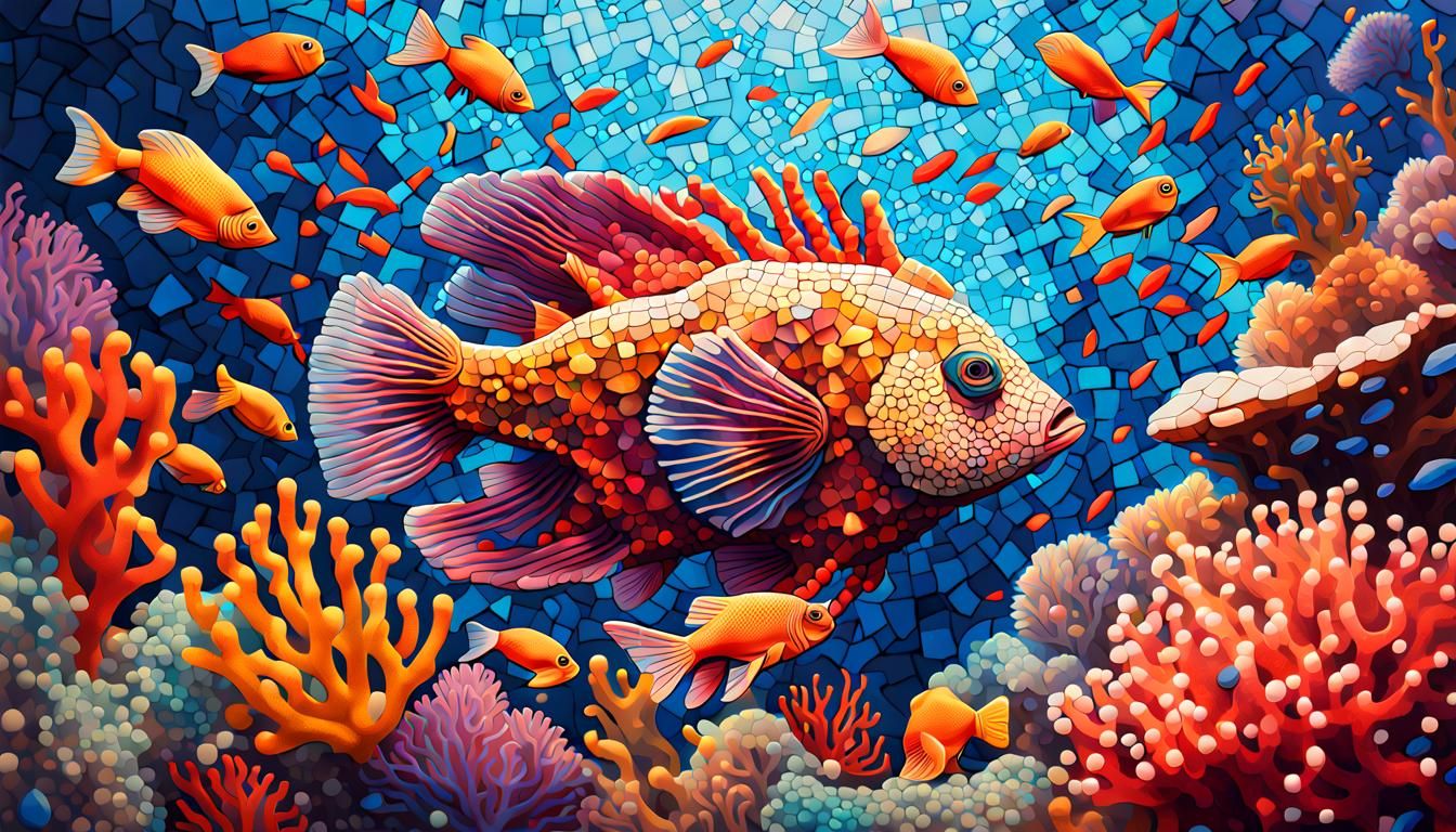 Mosaic portrait of a coral reef and the life that lives there. Fish ...
