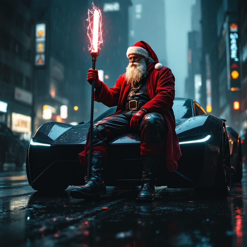 Cyberpunk Santa makes order in the city