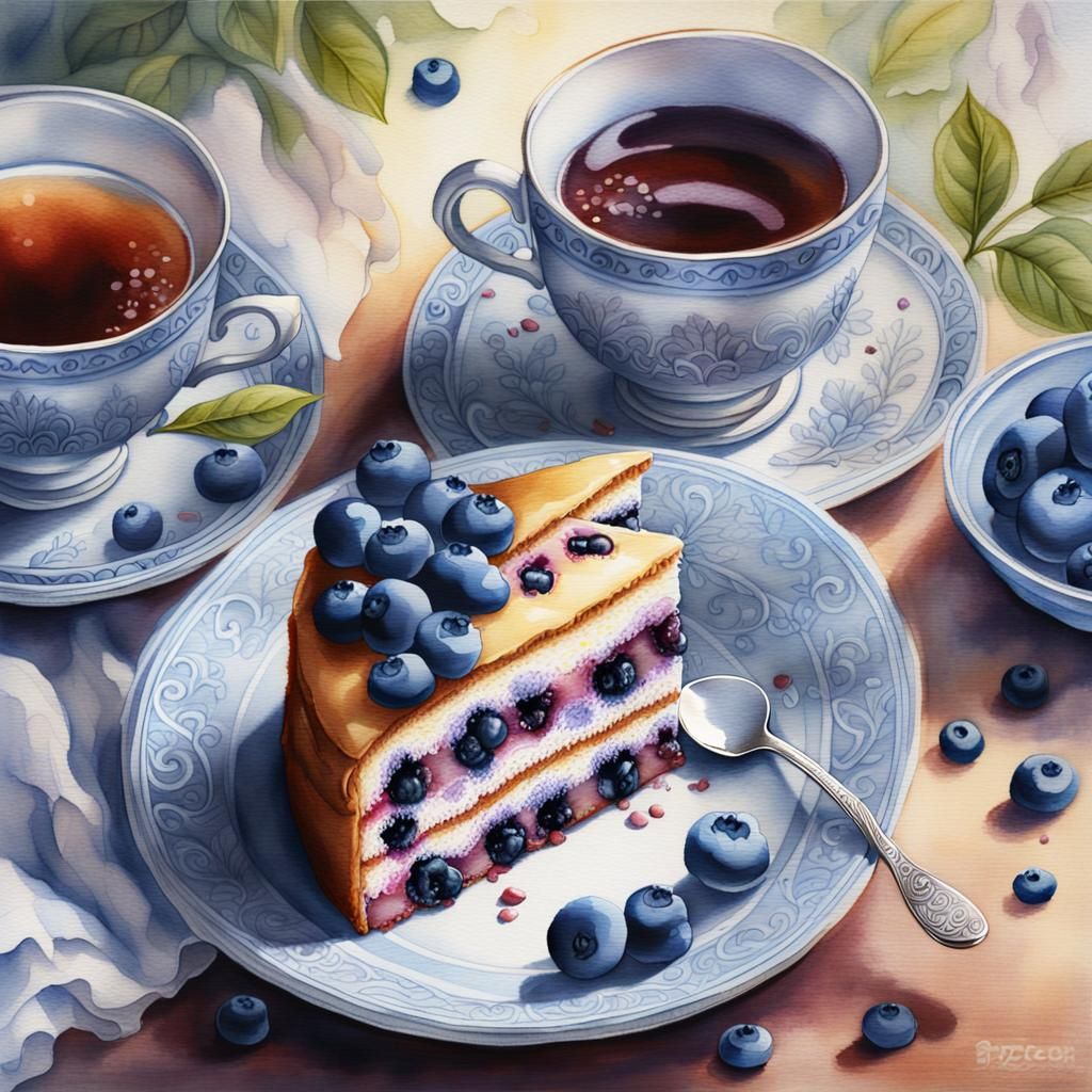 watercolor, drawing, photorealism, realistic, blueberry cake beautiful ...