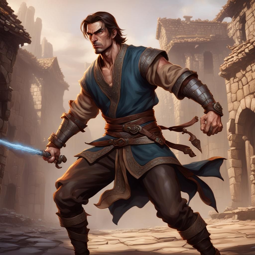 male brawler, Brown hair, brown tunic, hand wraps, Waterdeep street ...