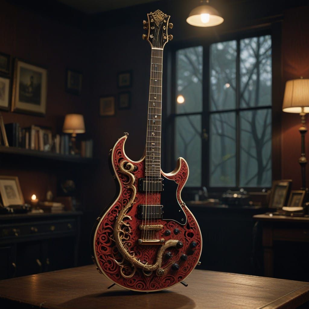 Dragon Guitar with Flaming Runes and Red Eyes - AI Art
