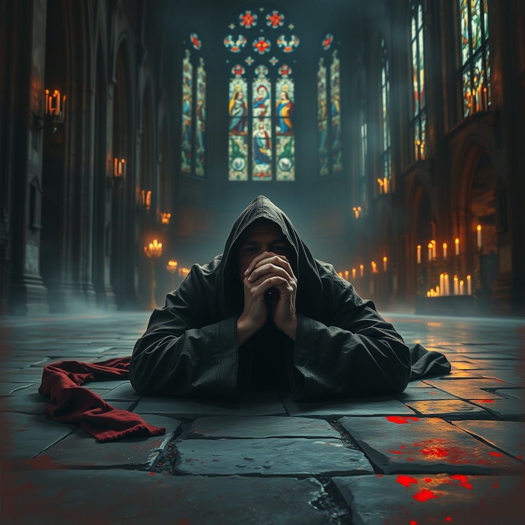 monk lies bleeding - Gothic Monk in Desperate Prayer