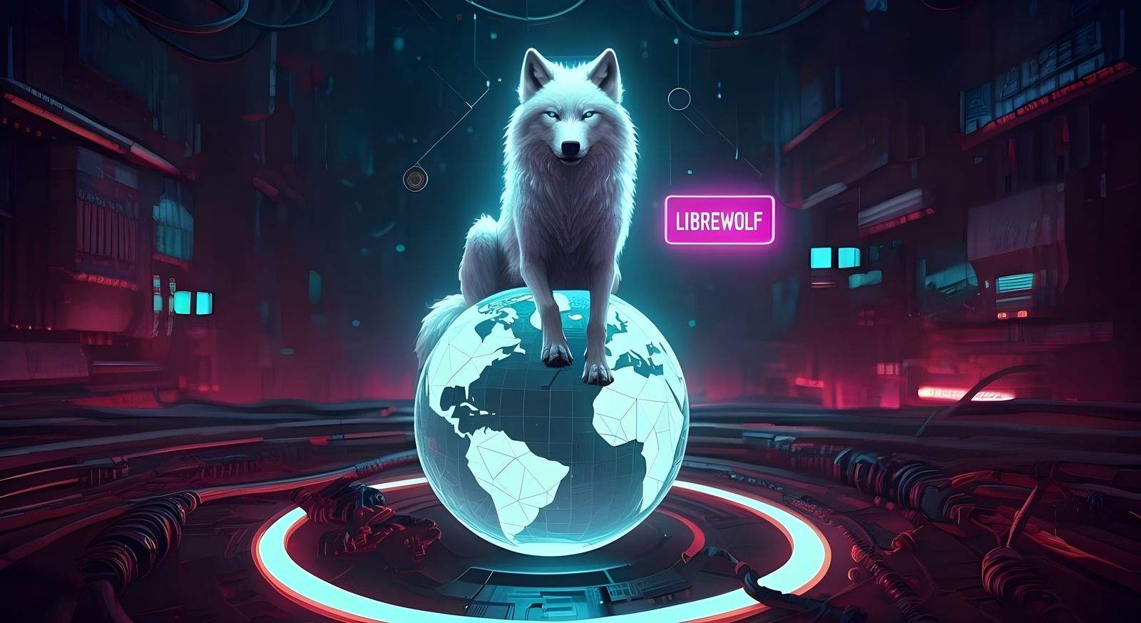 Cyberwolf Sits on Earth Ball with LibreWolf Sign - AI Art