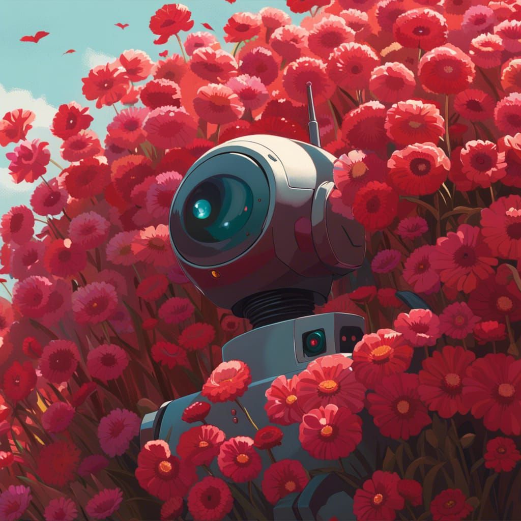 Robot hiding in flowers - AI Generated Artwork - NightCafe Creator