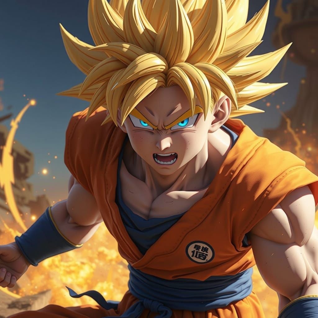 Golden Super Saiyan Goku Shakes the Planet - AI Art