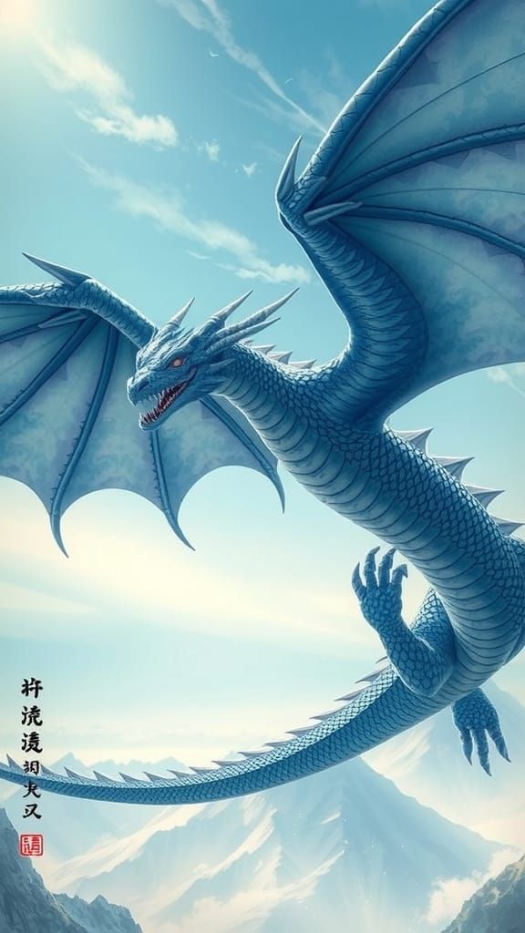 A magnificent dragon. Back view. Flying in the sky. Wings outstretched ...