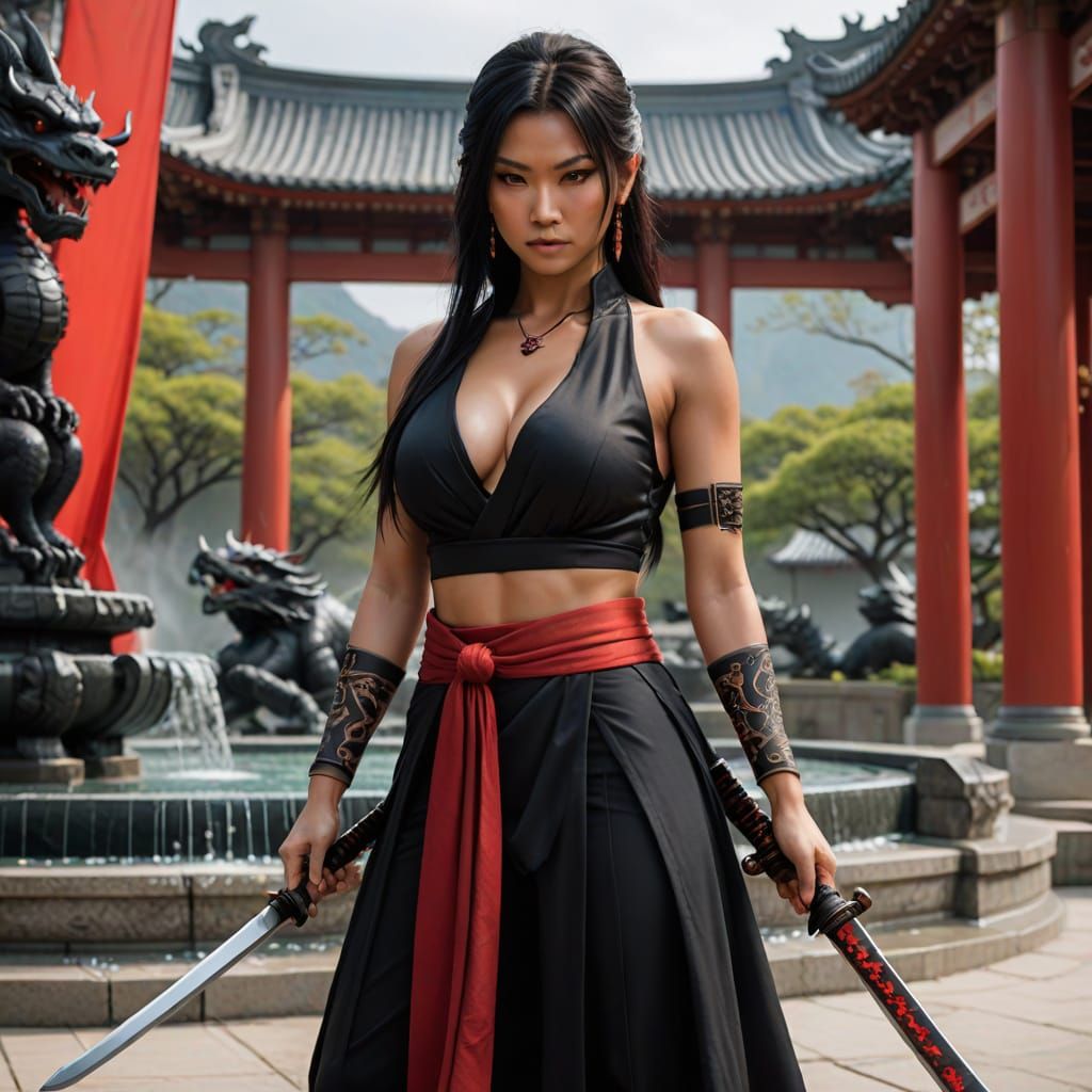Ninja - Seductive Geisha Wields Katana in Opulent Asian Sett...