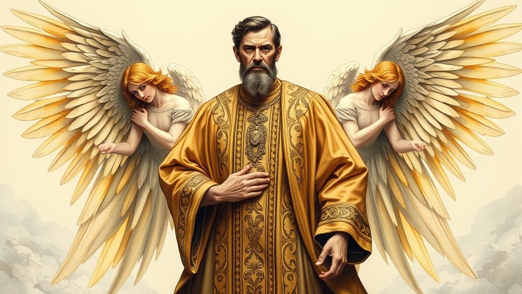 Majestic Man Flanked by Radiant Angels in Golden R... - AI Art