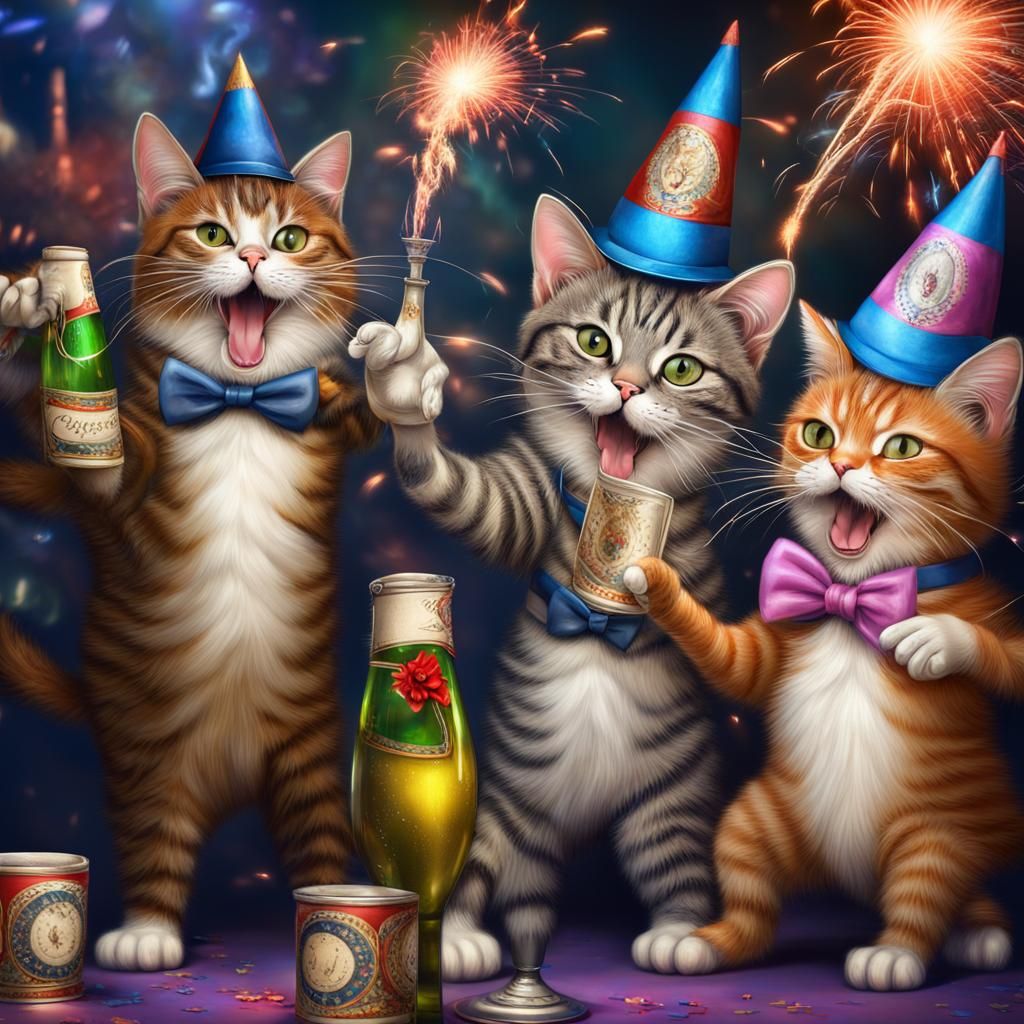Several very drunken cats in party hats wearing watches dancing in a ...