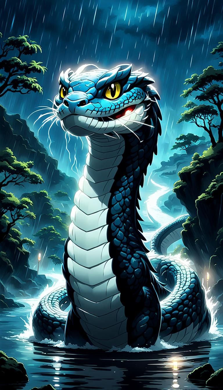 Glowing Chibi King cobra looking majestic in a river during a rainstorm at night. by artist ...