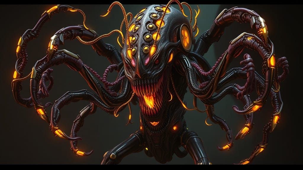 A grotesque, organic mass of flesh clay, morphing into a biomechanical ...