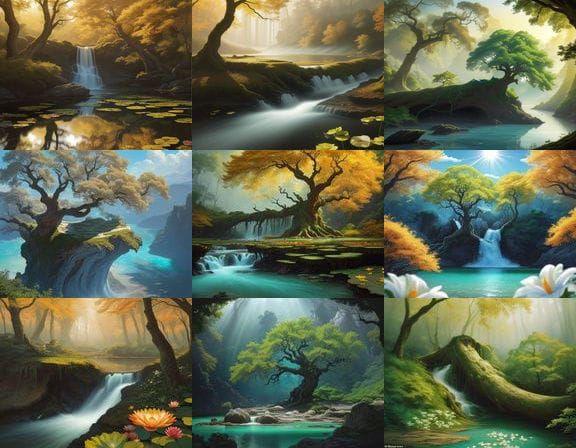 An oak tree falling down a gorge, water on the bottom, lillies all over ...