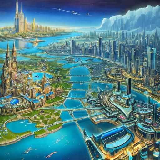 Atlantis, futuristic city with technological towers, flying cars, lakes ...