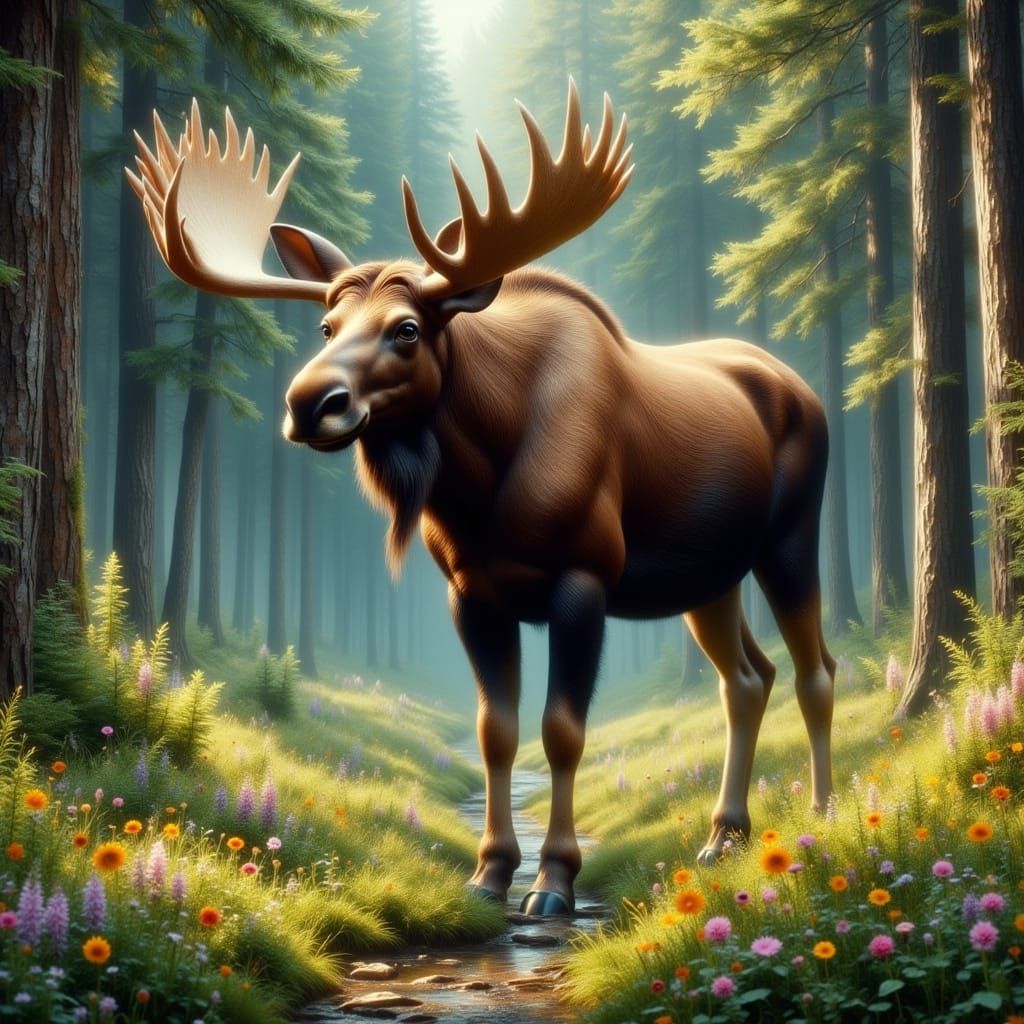 Majestic Moose in Serene Forest Clearing - AI Art