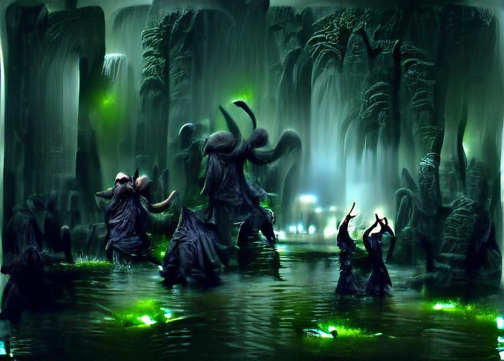 Cthulhu cultists dancing around a monolith in the swamp at night ...