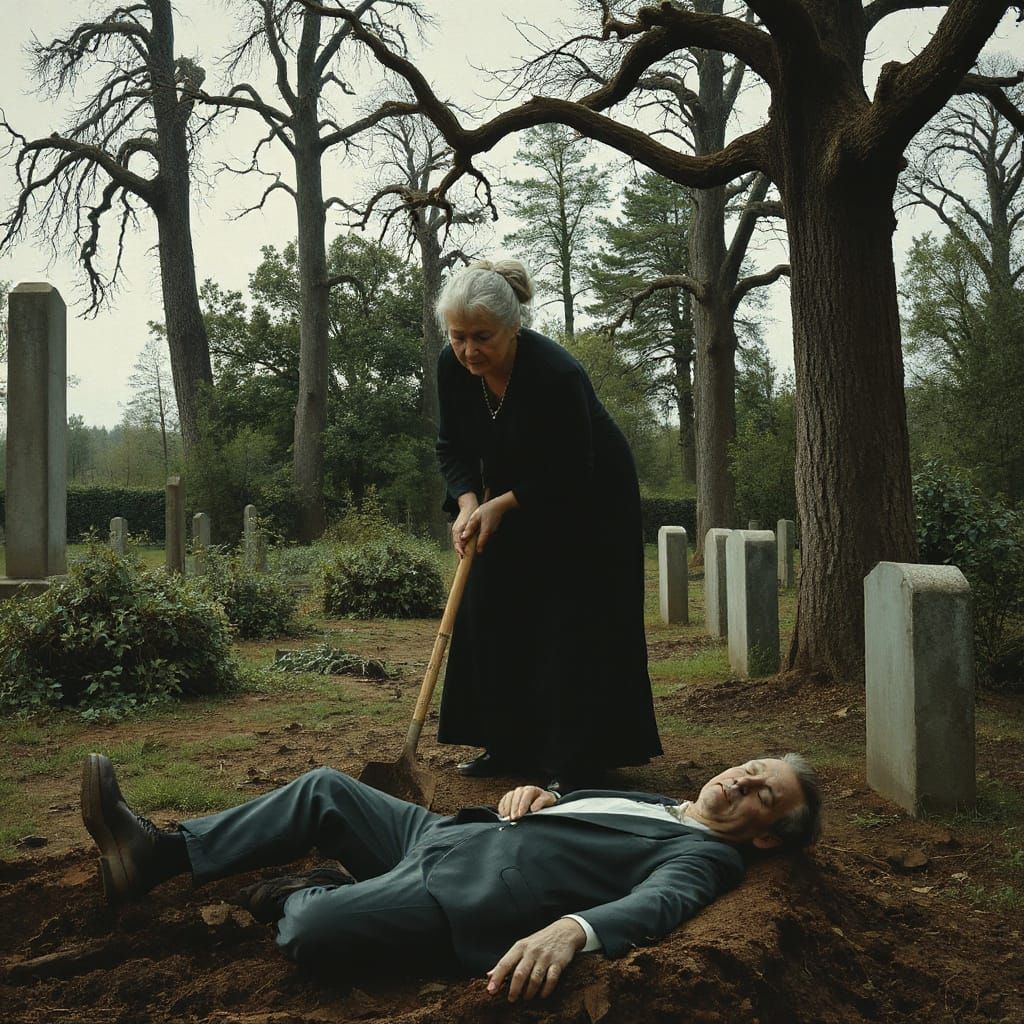 Elderly Woman Digs Grave Beside Her Late Husband i... - AI Art