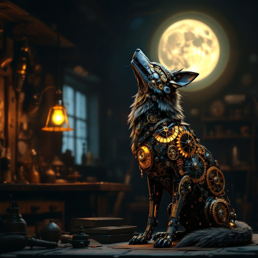 Steampunk wolf - Steampunk Wolf Illuminated by Soft Glow