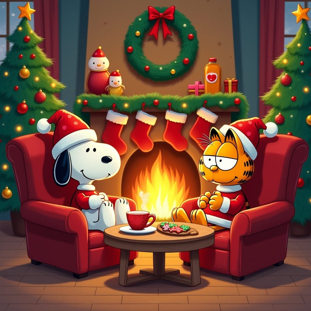 Snoopy & Garfield - Friends Enjoy Festive Christmas Scene w...