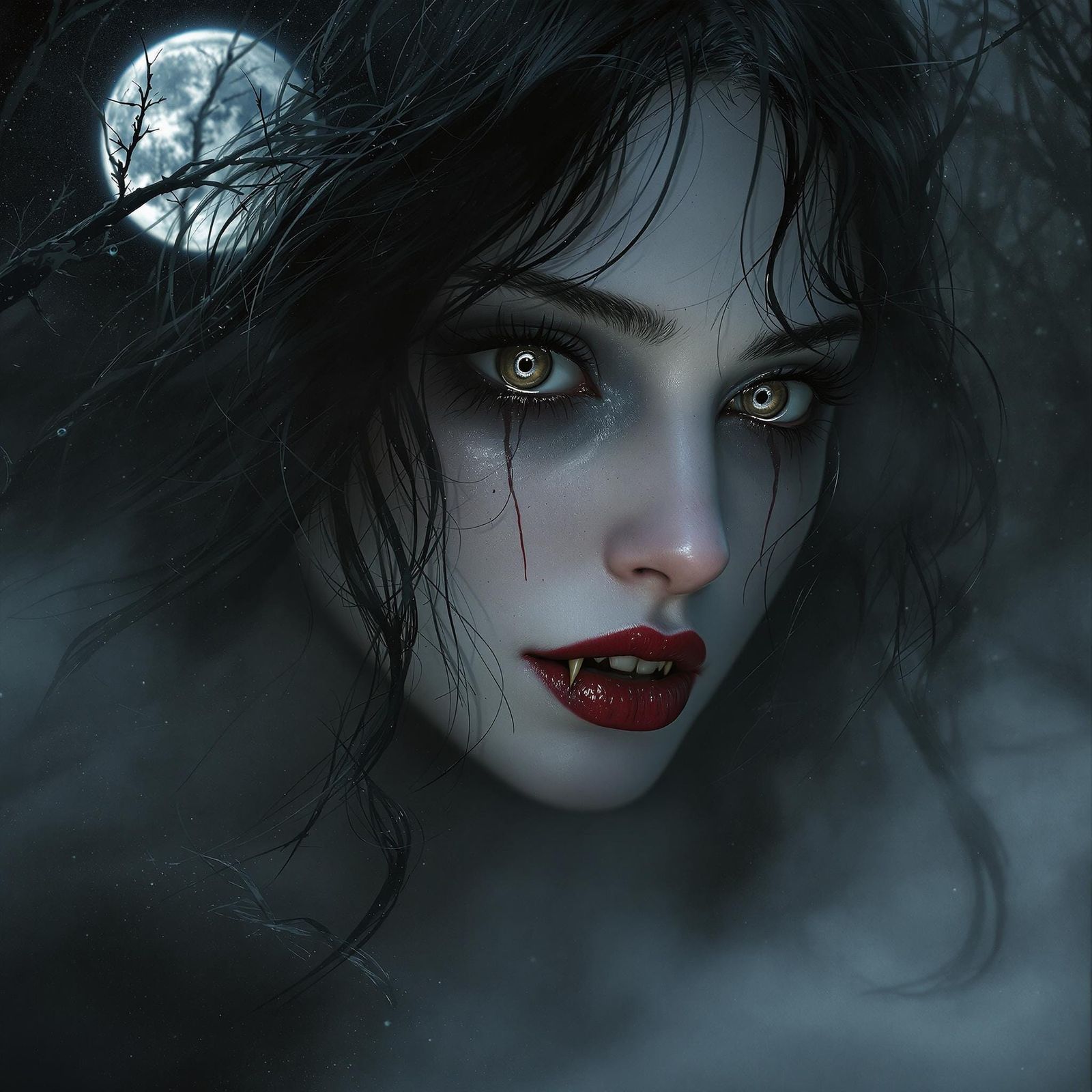 Ethereal Vampire Queen in a Haunting Foggy Forest - AI Art