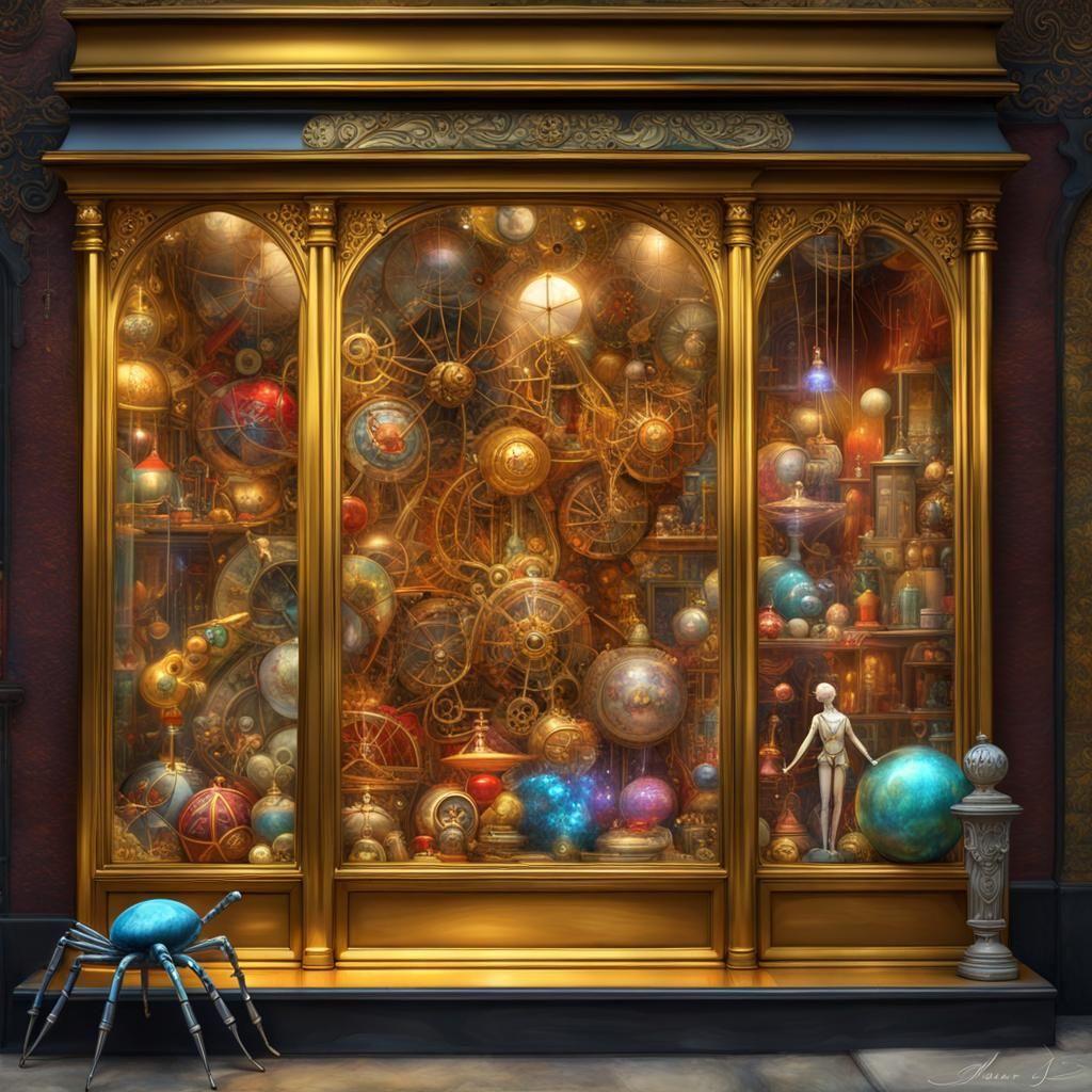 "Clear sharp Street view of Toy Shop Window Display with Fancy Spider ...