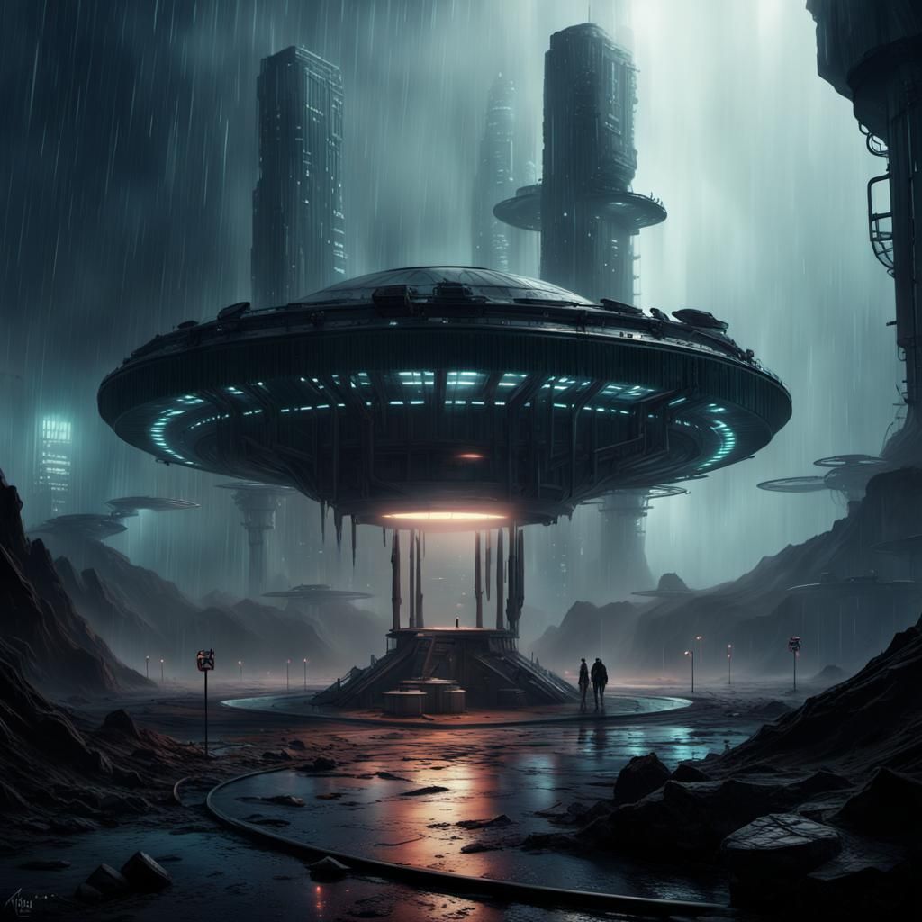 digital matte painting of a circular base station on an alien planet ...