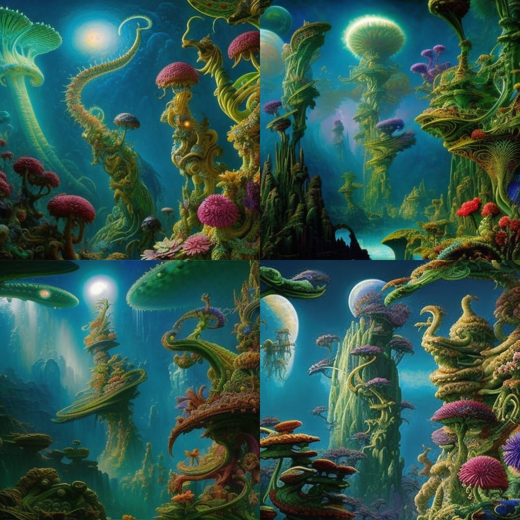 fantastical curving formations on an alien planet with lots of large ...