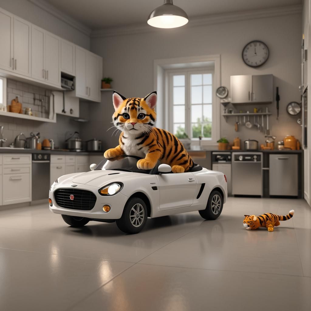 A kitten driving a toy car with a stuffed tiger as a passenger, in a ...