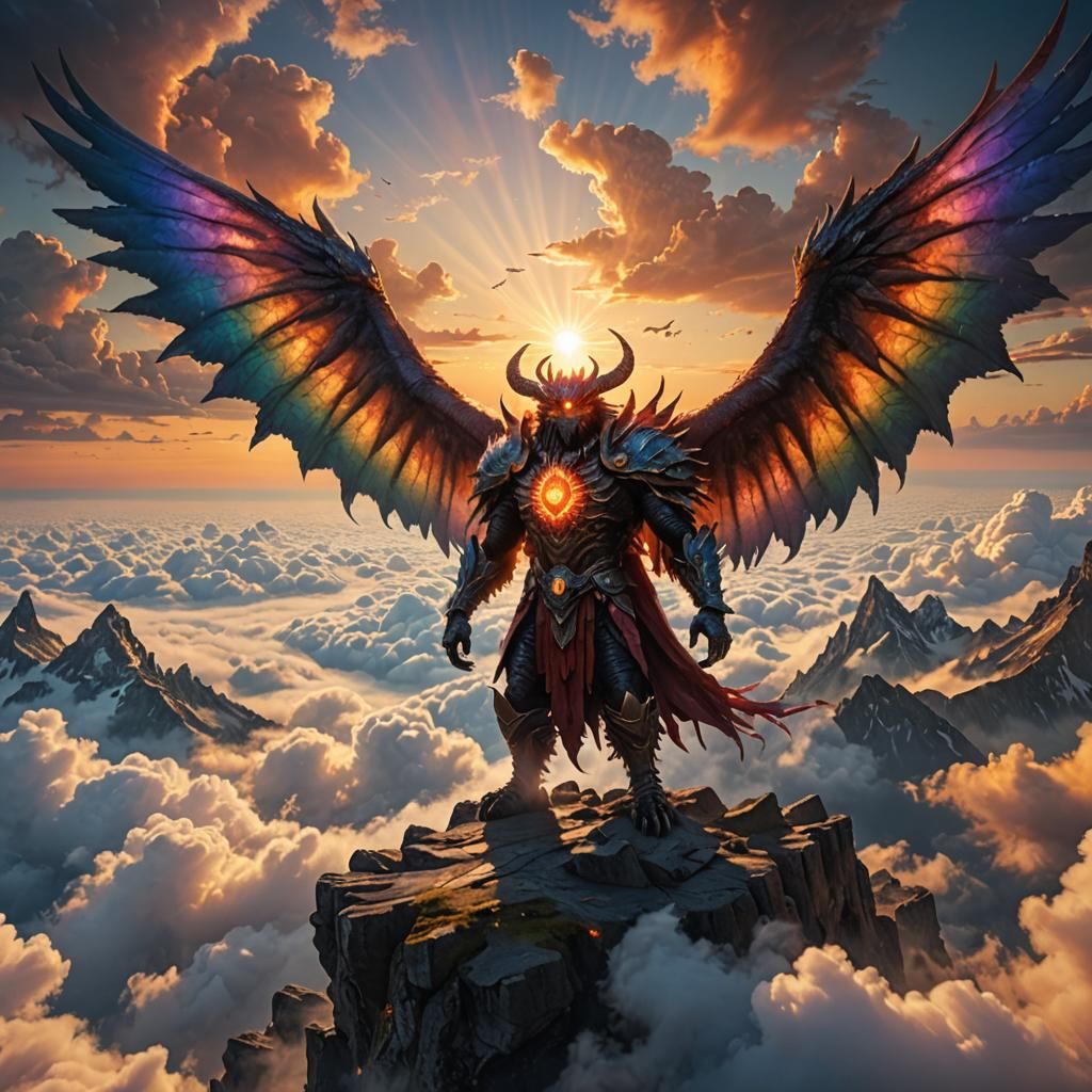 A man on a very high cliff above the clouds looking at a gigantic huge ...