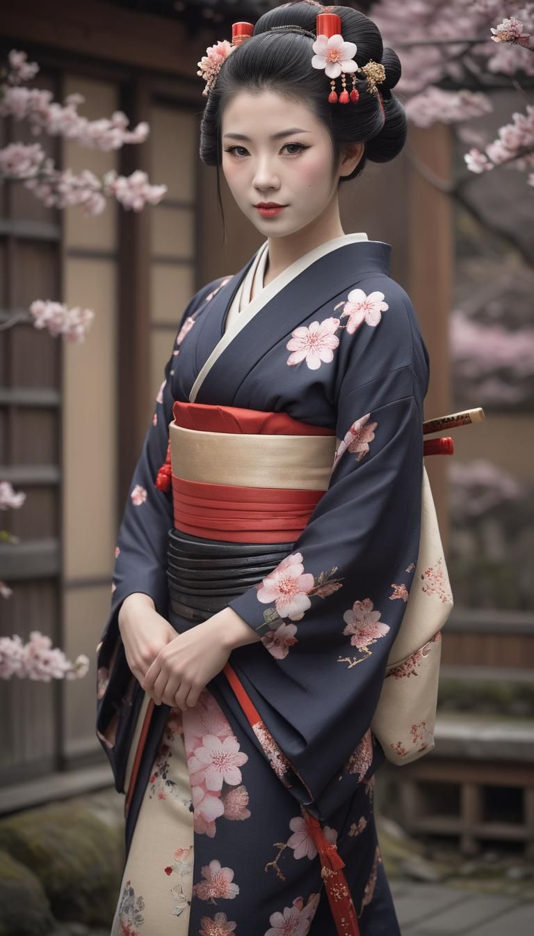Geisha Lady - Traditional Japanese Geisha Lady in Sakura Blo...