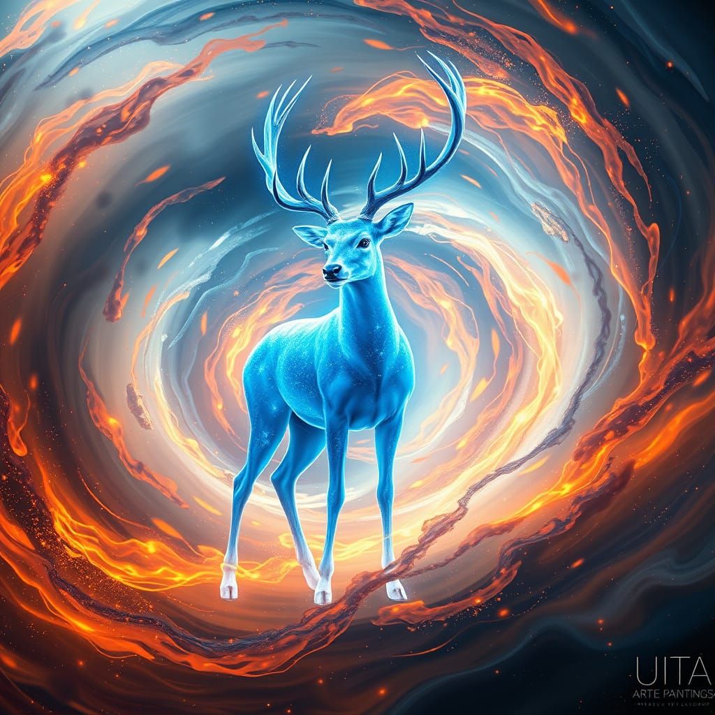 Luminous Blue Deer in a Swirling Elemental Vortex - AI Art